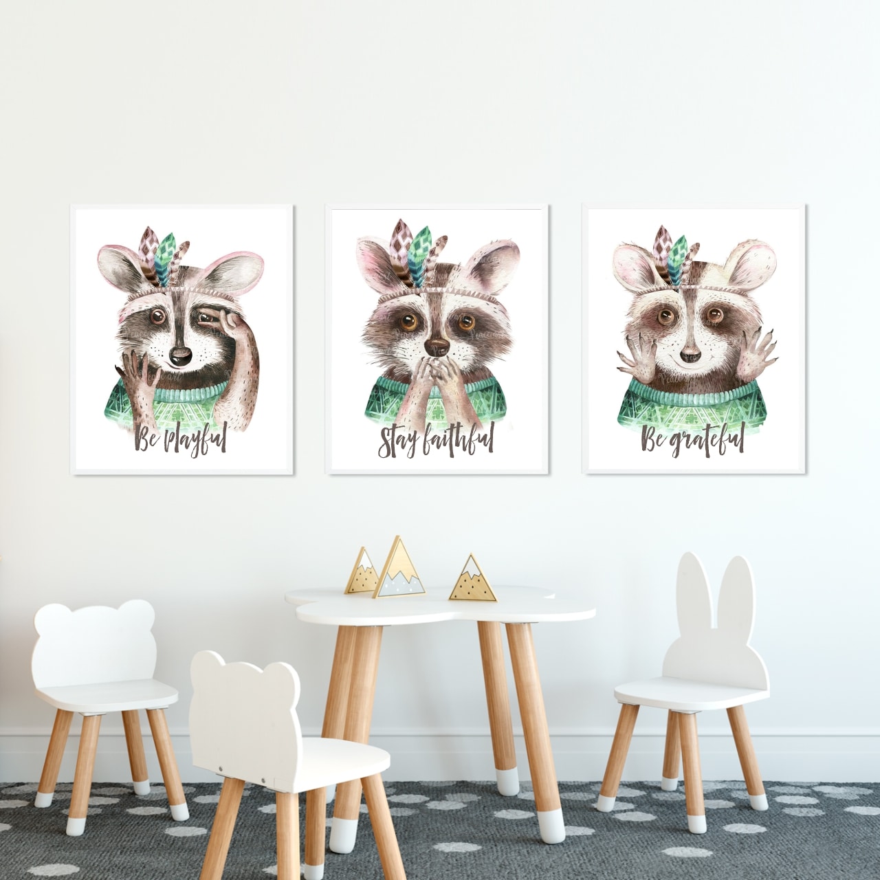 Set 3 Tablouri Copii "Little Racoon" pentru camera copiilor - bootiq